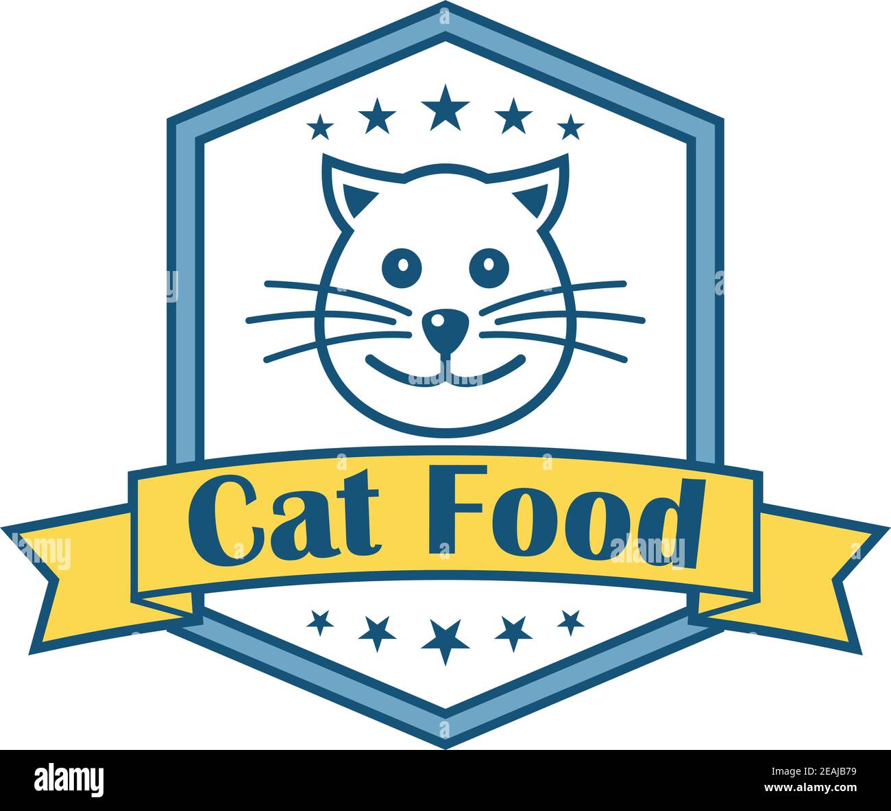 Cat food label with the head of a smiling happy cat in a hexagonal ...