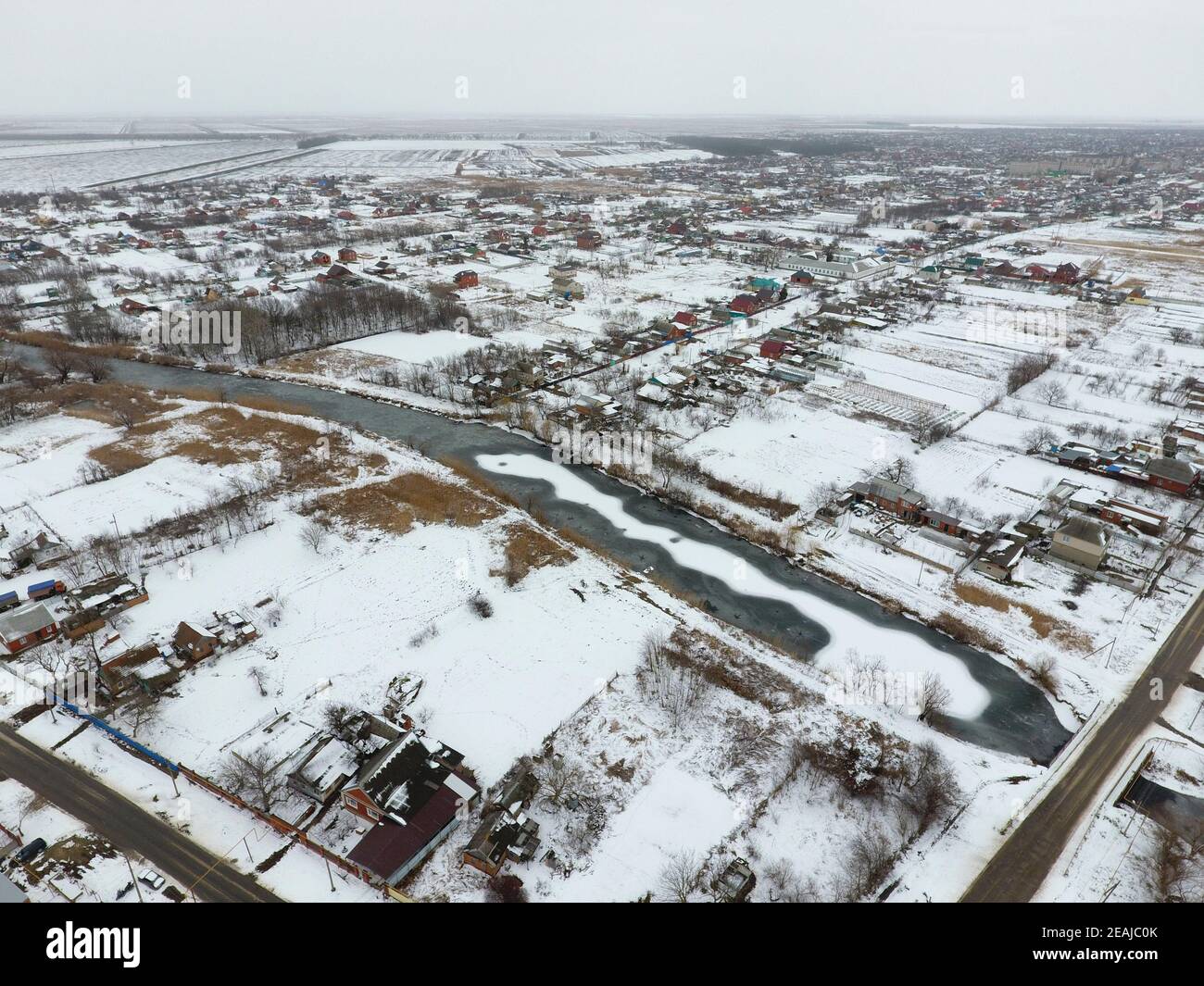 Winter view from the bird's eye view of the village. The streets are ...