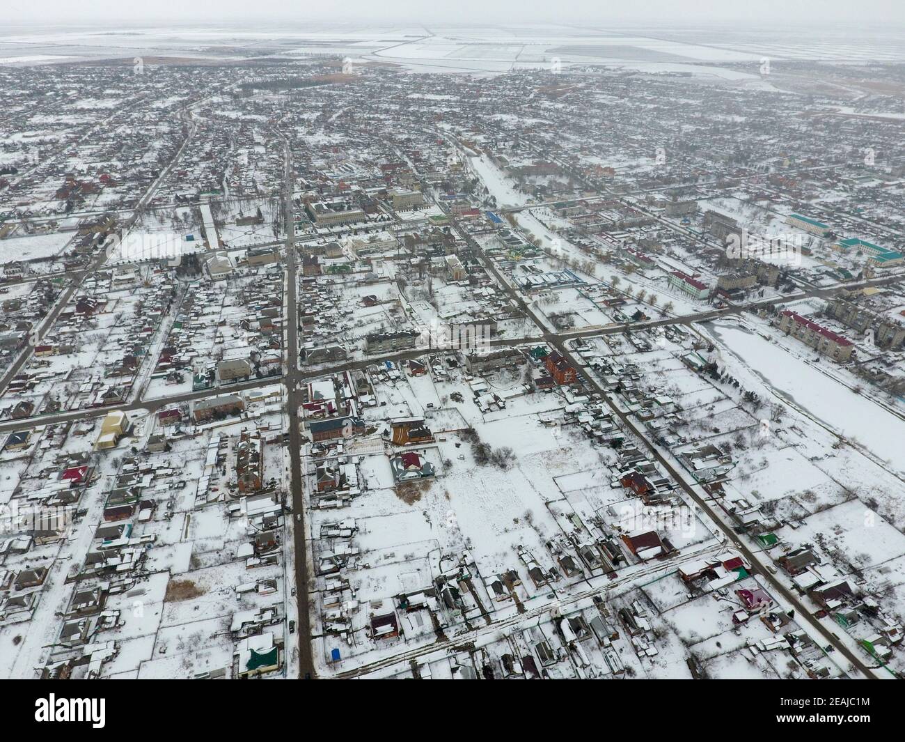 Winter view from the bird's eye view of the village. The streets are ...