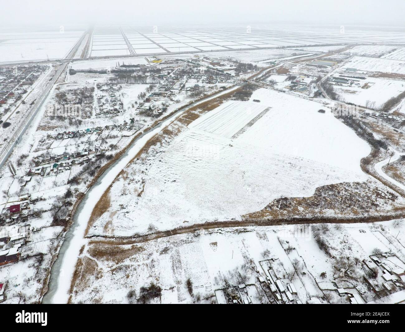 Winter view from the bird's eye view of the village. The streets are ...