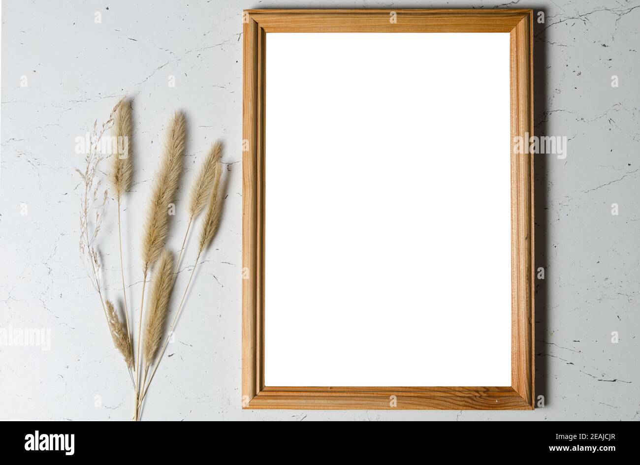Mockup. A wooden photo frame on a textured wall with stalks of fluffy ...