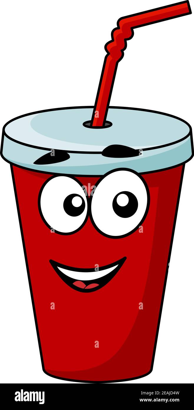Cartoon takeaway soda drink in a covered cup with a straw with a happy ...