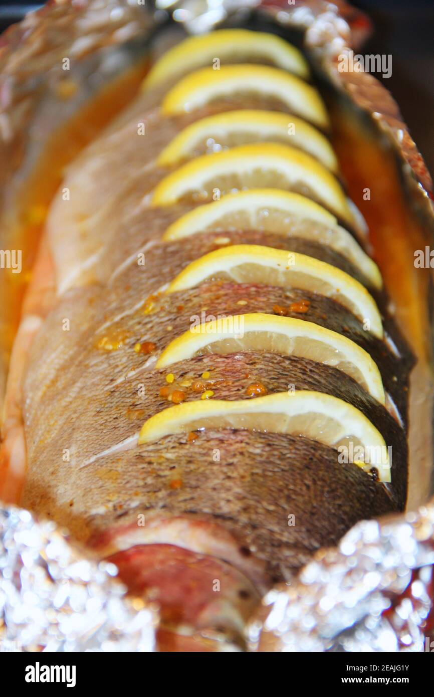 Rainbow trout fish on ready for cooking with lemon. Tasty fish dish ...