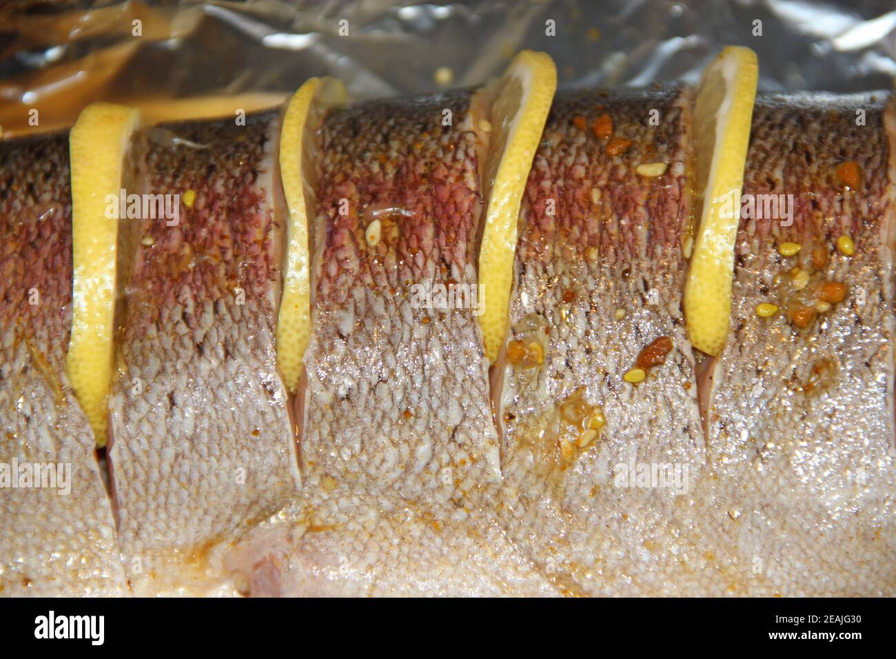 Rainbow trout fish on ready for cooking with lemon. Tasty fish dish ...