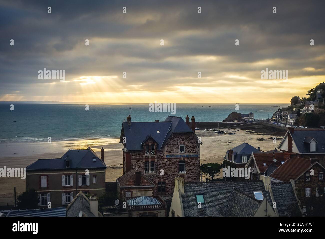 Pleneuf Val Andre city and beach view at sunset, Brittany, France Stock ...