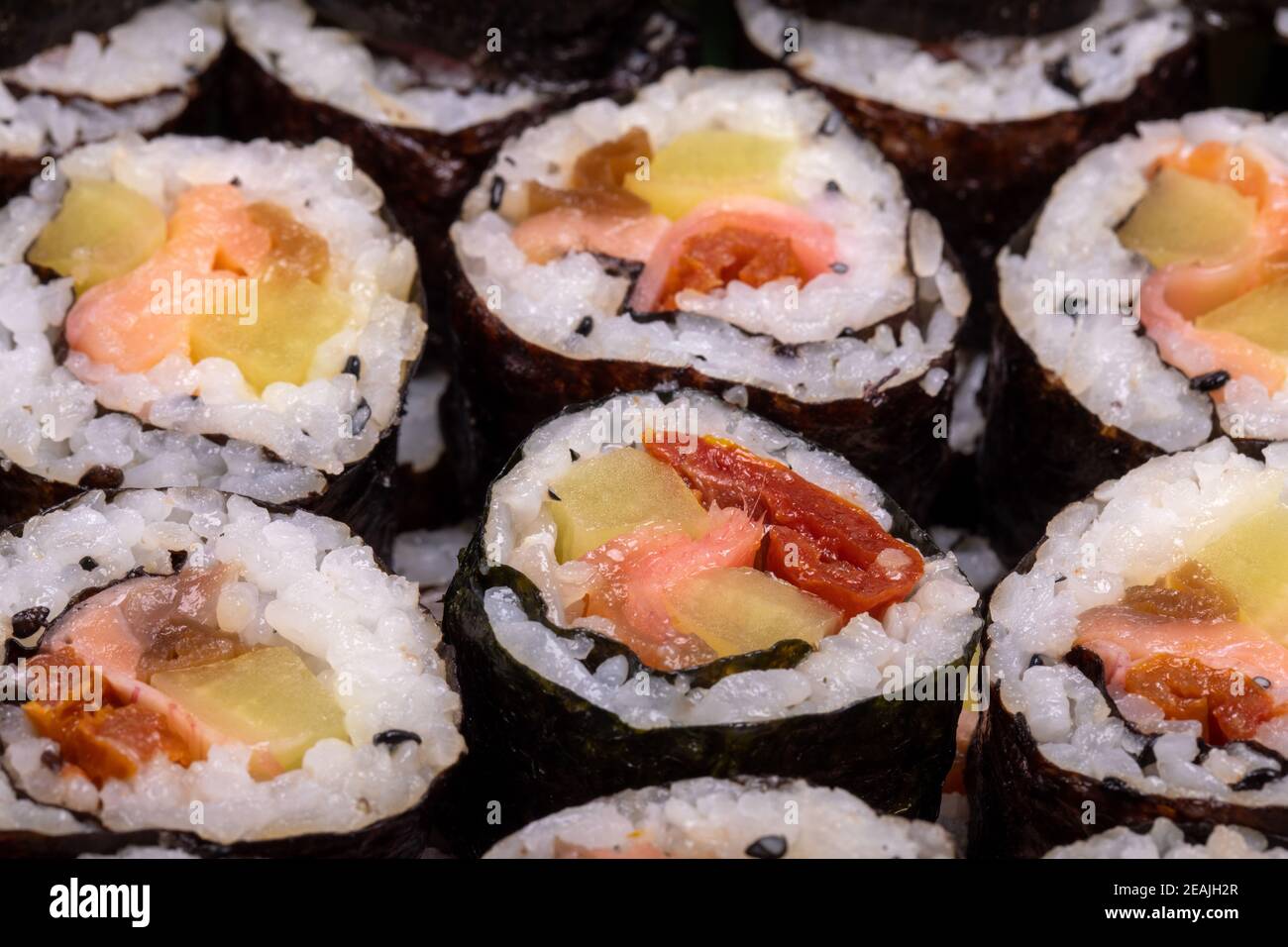 Top view of stack of Japanese sushi maki roll plate Stock Photo - Alamy