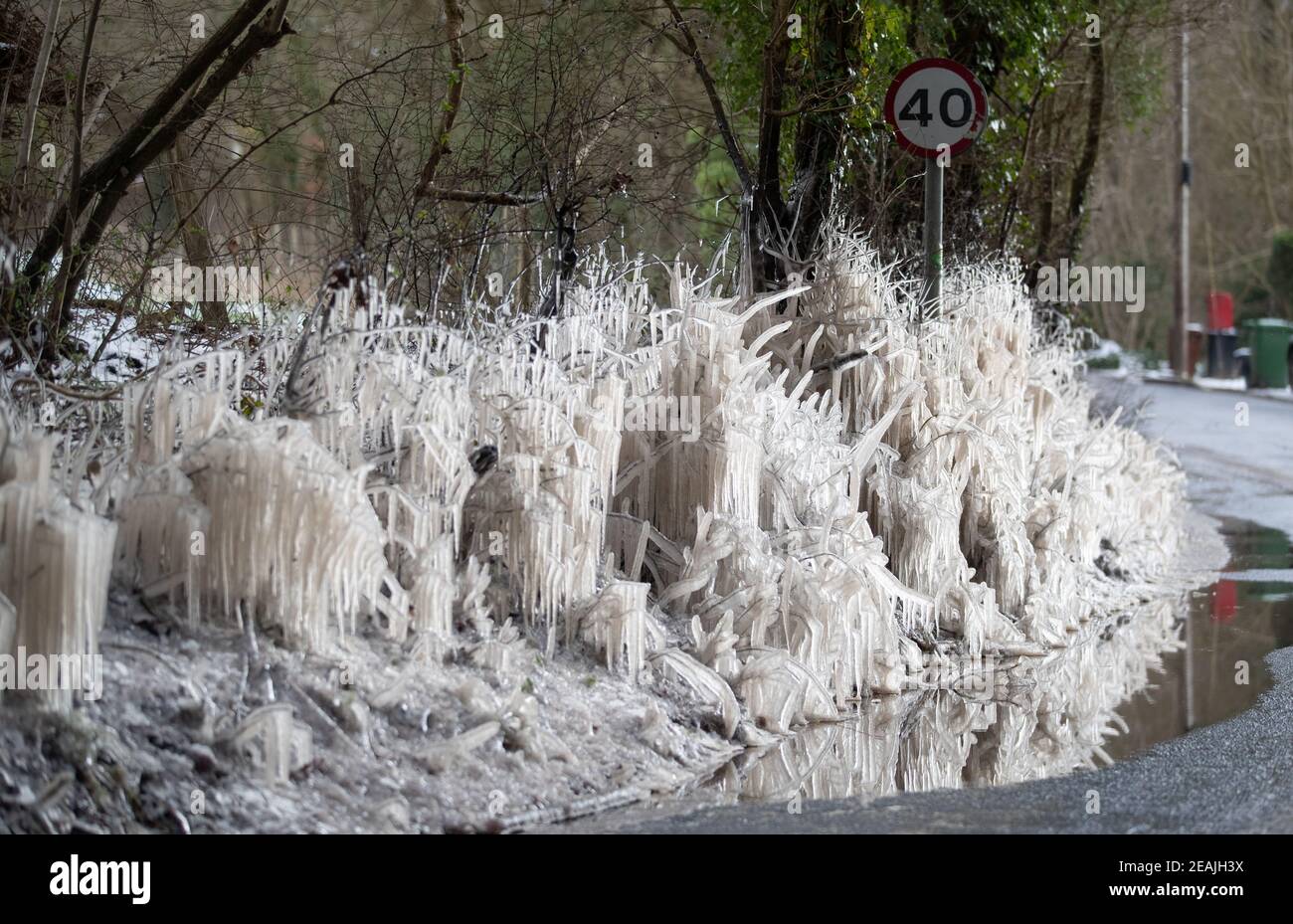 Icicles form at the side of a road near to Penshurst in Kent, as the ...