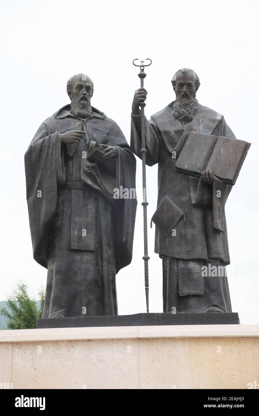 Statue of Saint Cyril and Saint Methodius in Skopje in downtown of Skopje, Macedonia Stock Photo ...