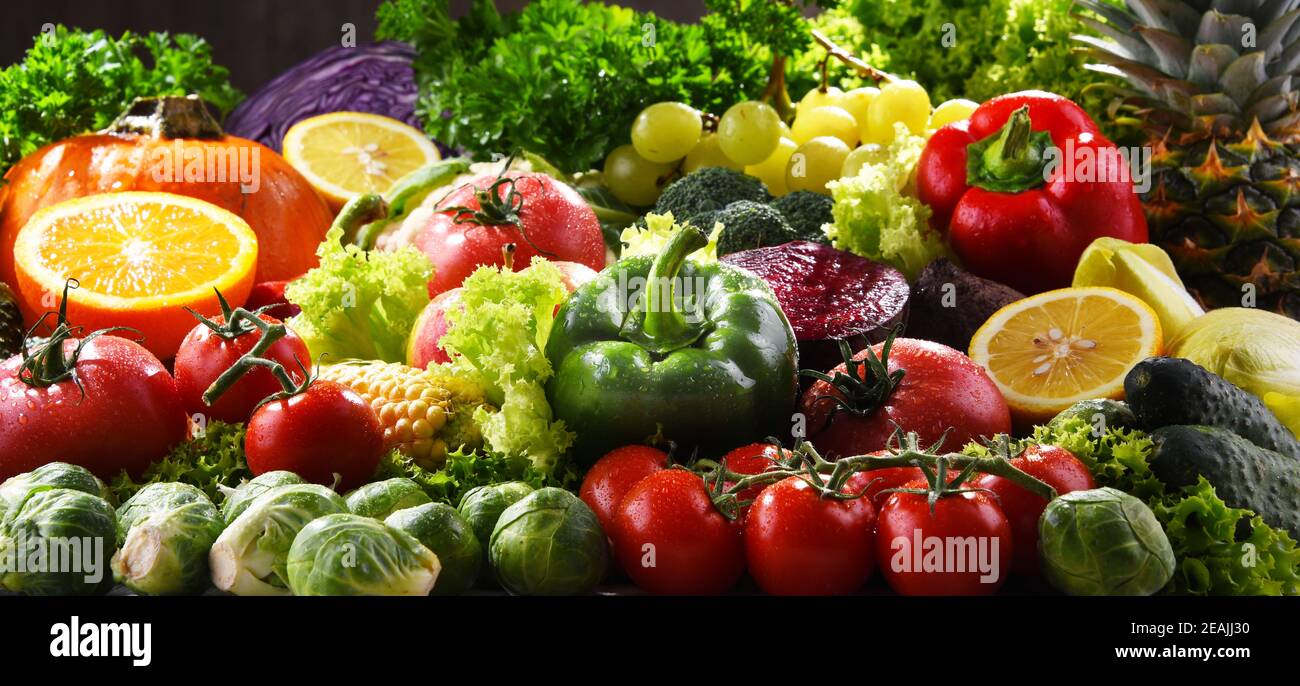 Composition with variety of fresh organic vegetables and fruits Stock ...
