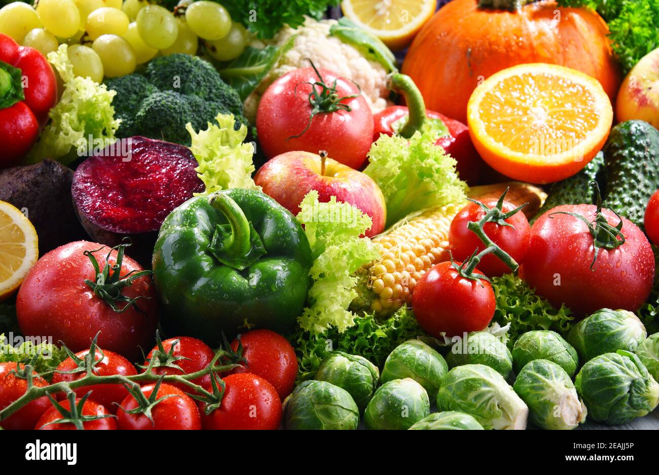 Composition with variety of fresh organic vegetables and fruits Stock ...
