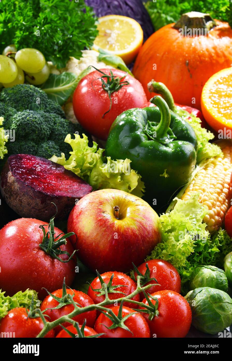 Composition with variety of fresh organic vegetables and fruits Stock ...