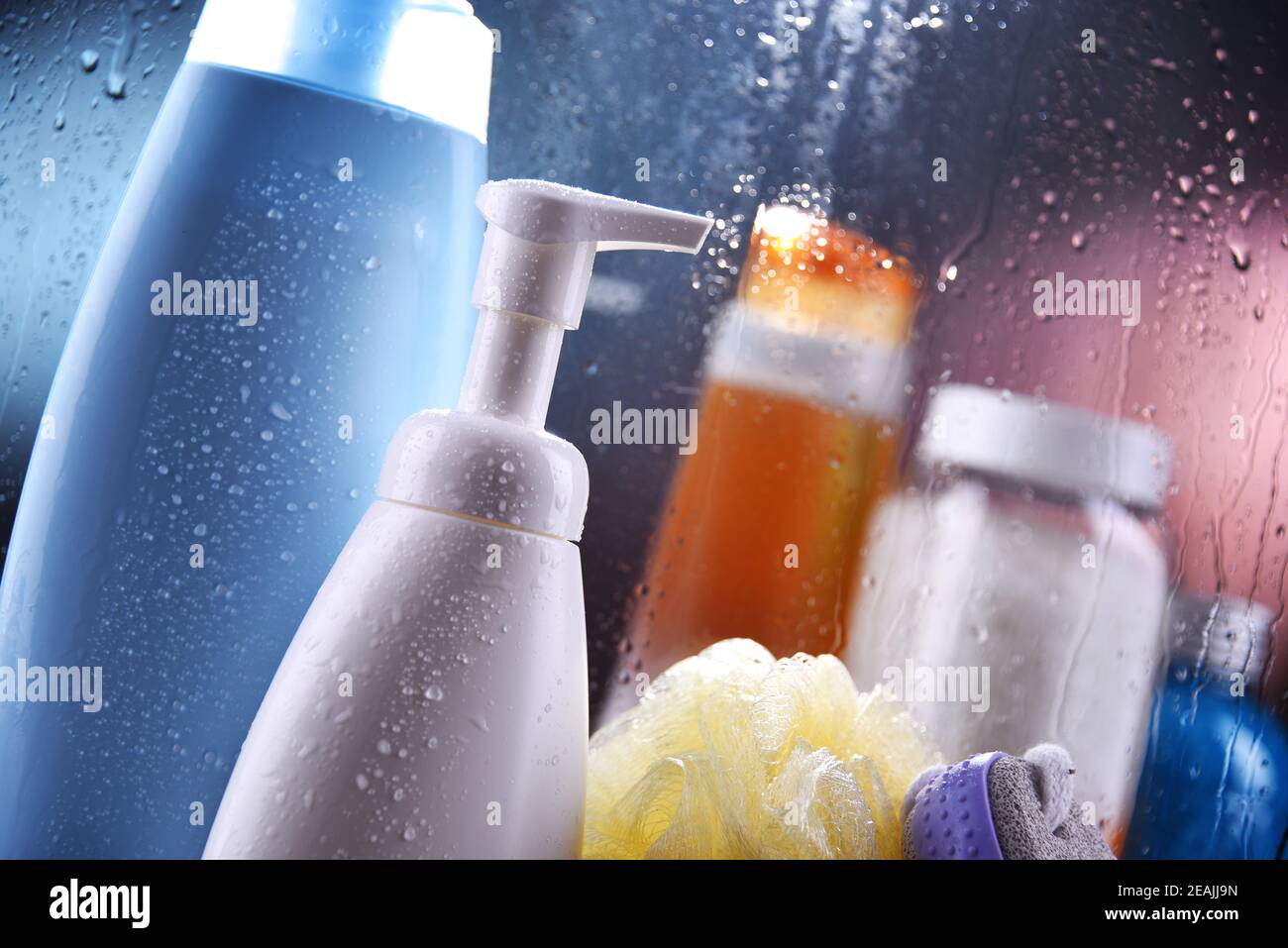 Different containers of body care products in the bathroom Stock Photo ...