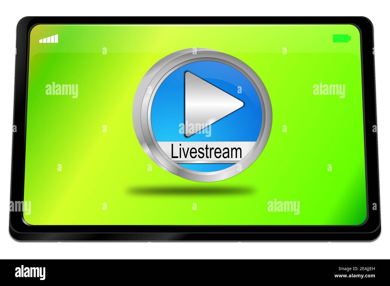Tablet computer with blue Livestream Button on green desktop - 3D ...
