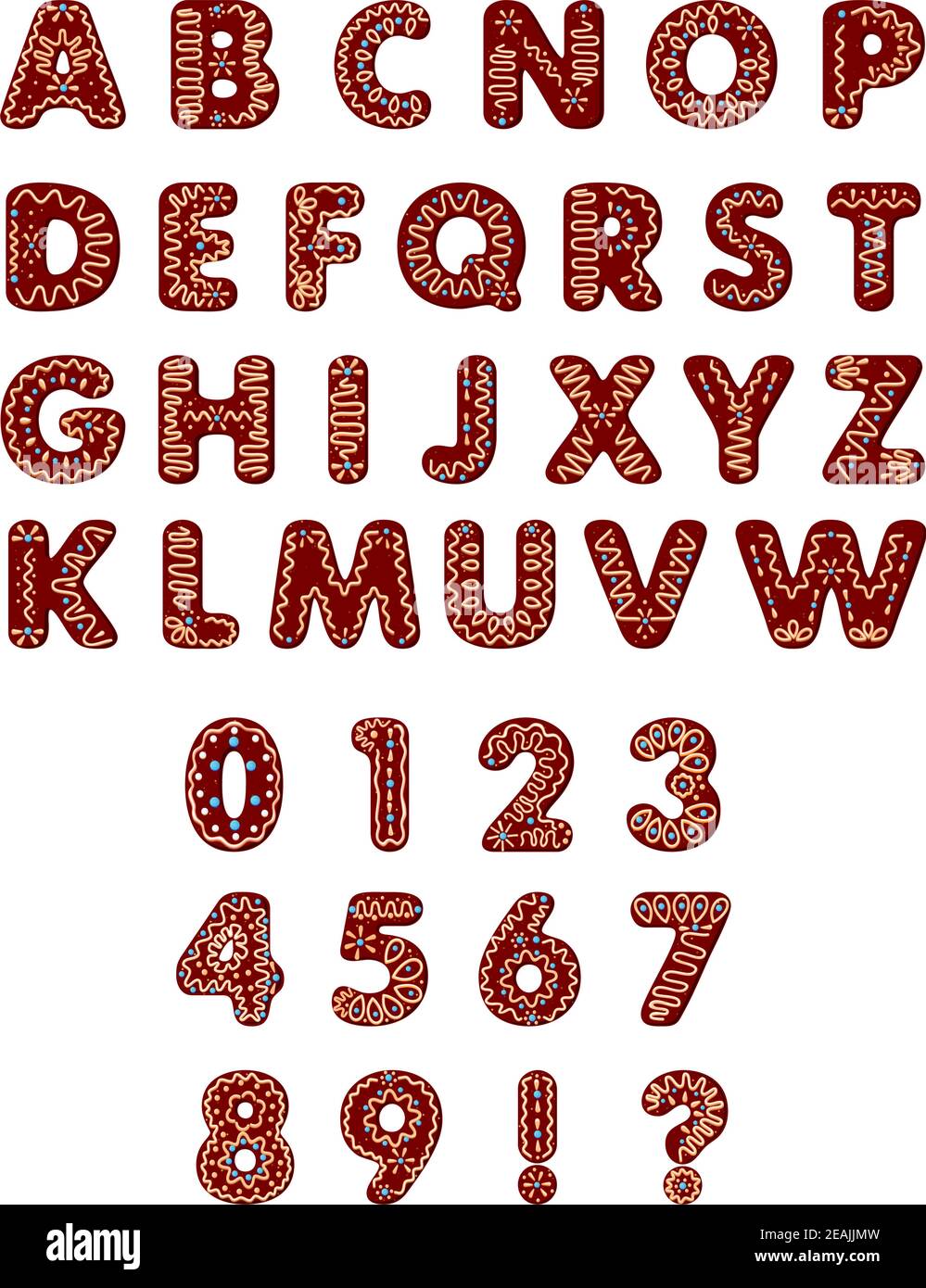 Christmas gingerbread cookie alphabet and numerals on white background ...