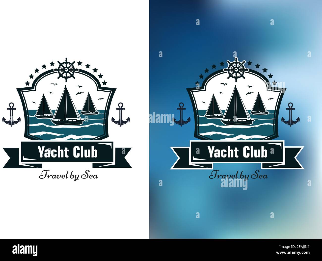 Dark blue emblems or logo for yacht club with sailboat floating on the ...
