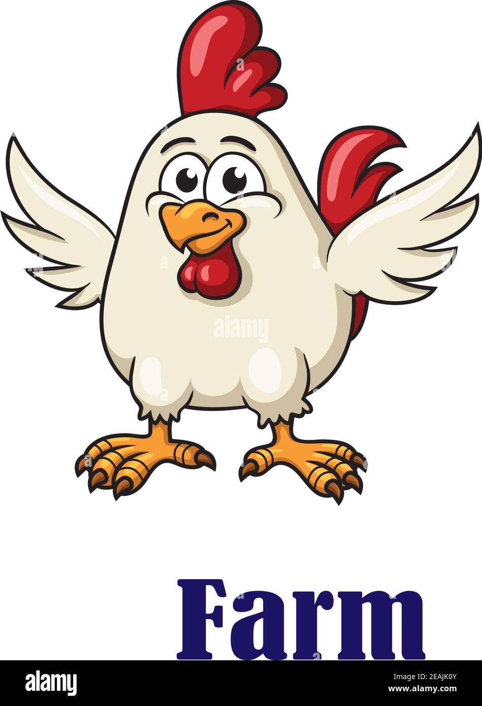 Cute little white cartoon character rooster with red crest, spread ...
