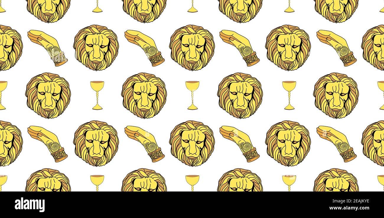 Magic pattern. gold hand prosthesis. Golden lion mask on a white ...