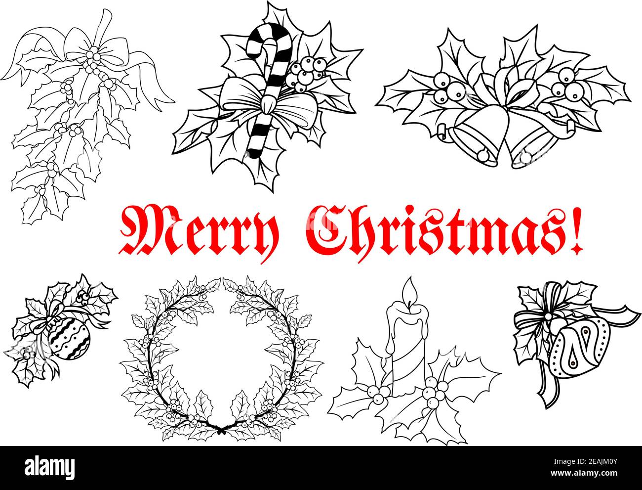 Christmas and New Year traditional decorations without color with ...