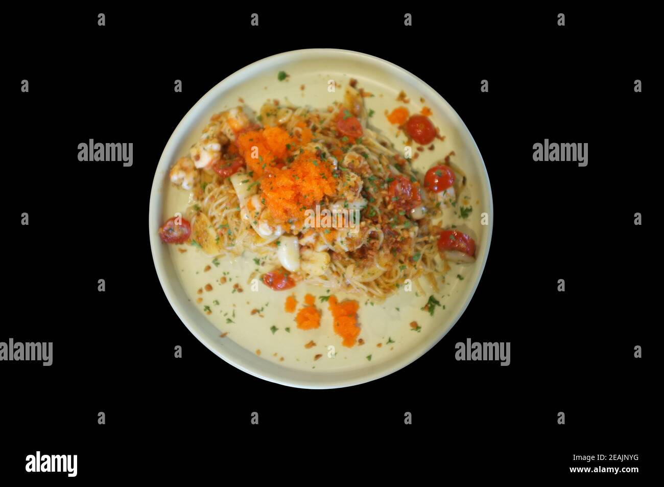 Spaghetti Ebiko, Topping with ebiko on white plate. Seafood Stock Photo ...