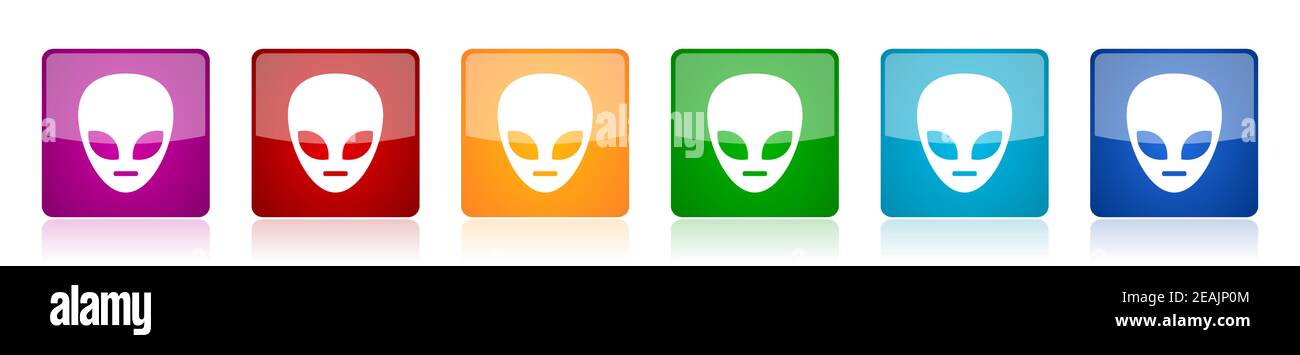 Alien face icon set, square glossy vector buttons in 6 colors options ...