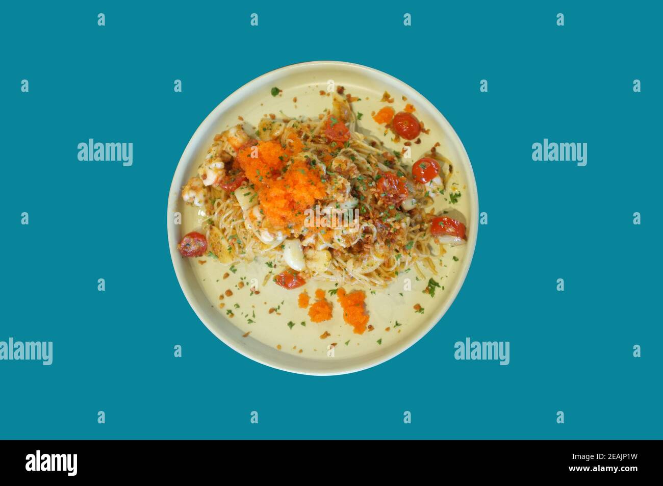 Spaghetti Ebiko, Topping with ebiko on blue background . Seafood Stock ...