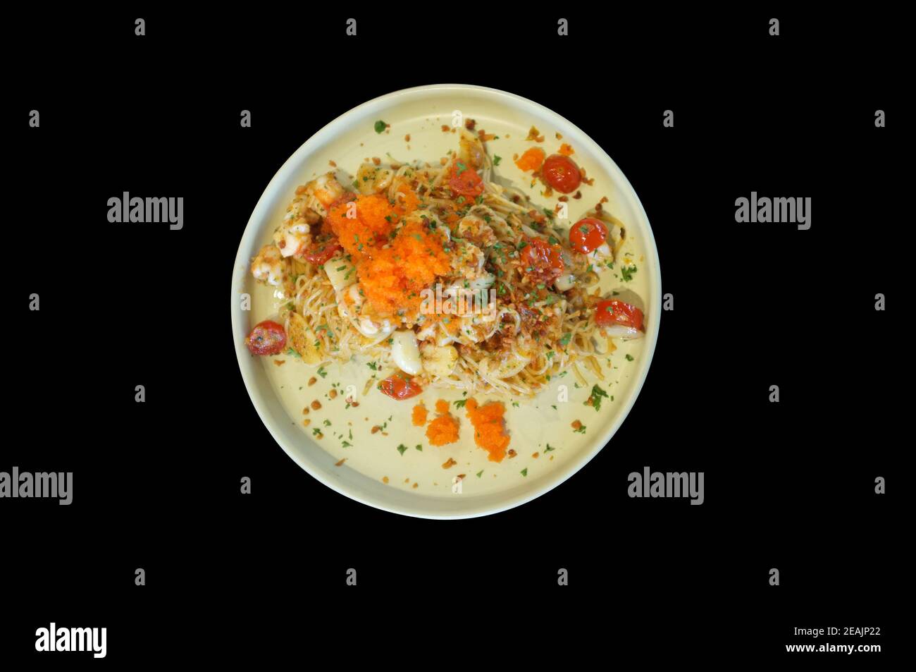 Spaghetti Ebiko, Topping with ebiko on white plate. Seafood Stock Photo ...