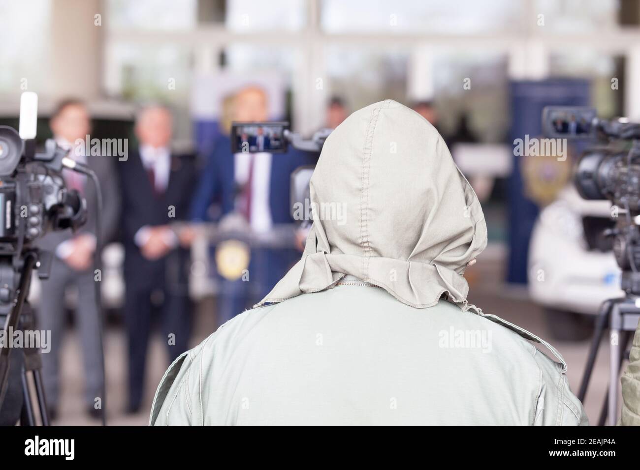 Press conference. Filming media event with a video camera Stock Photo ...