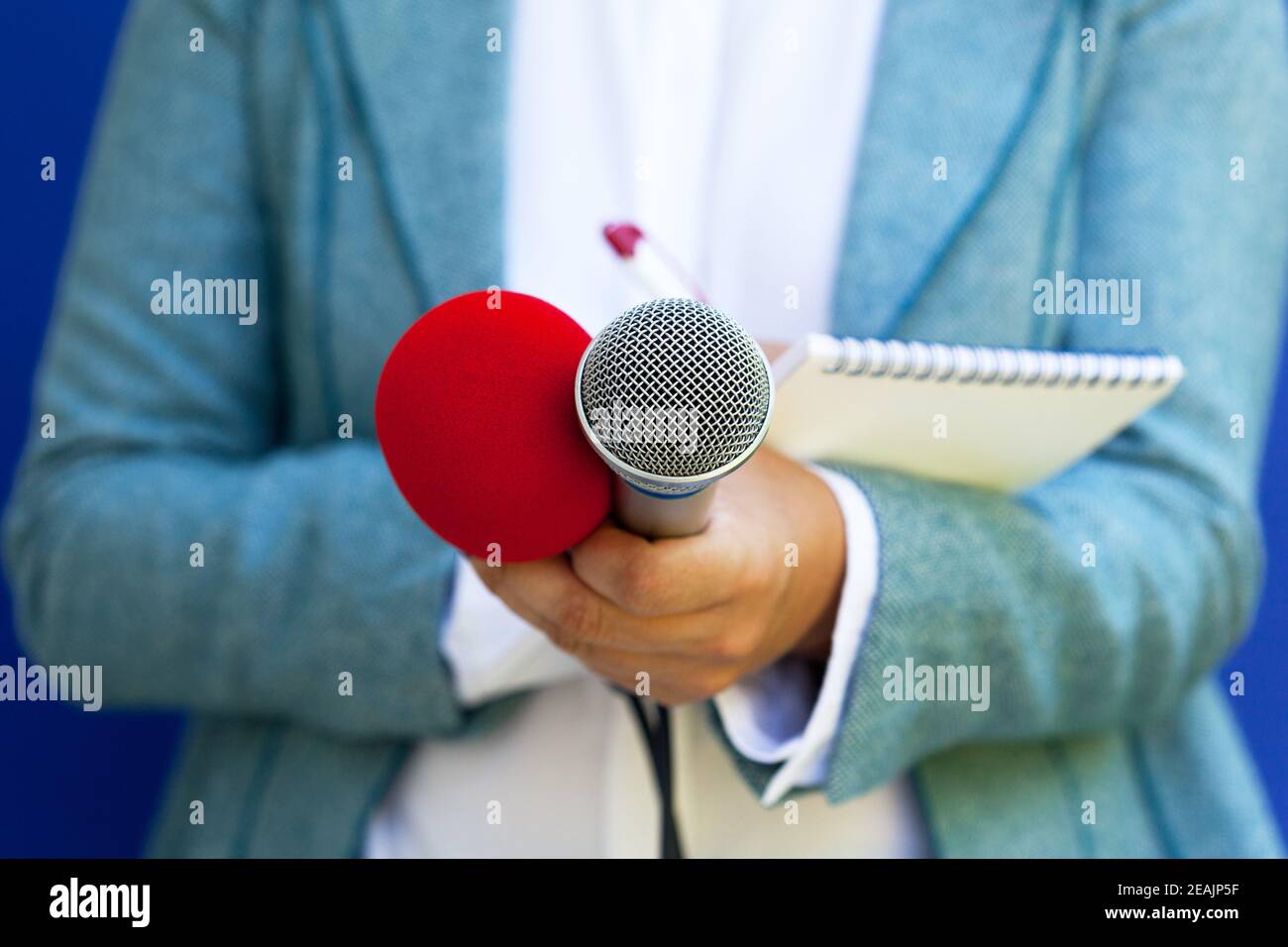 Female journalist at news conference, writing notes, holding microphone ...