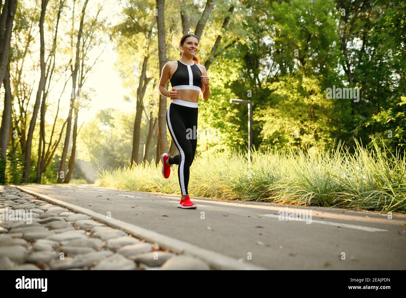 Morning training in park, woman running on walkway Stock Photo - Alamy