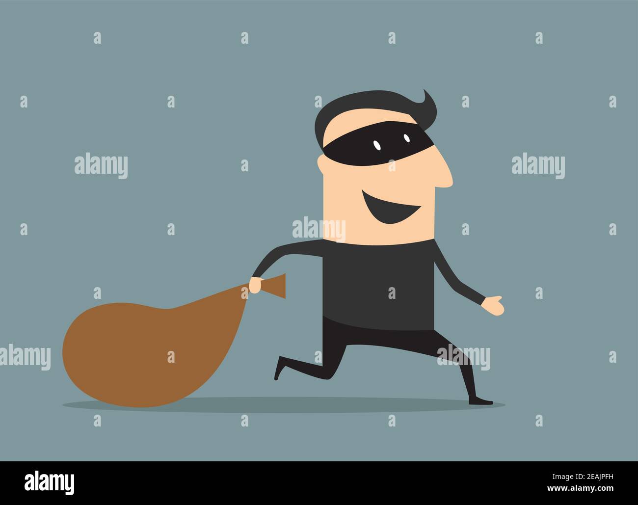Joyful thief in black mask and costume running away from the pursuit ...