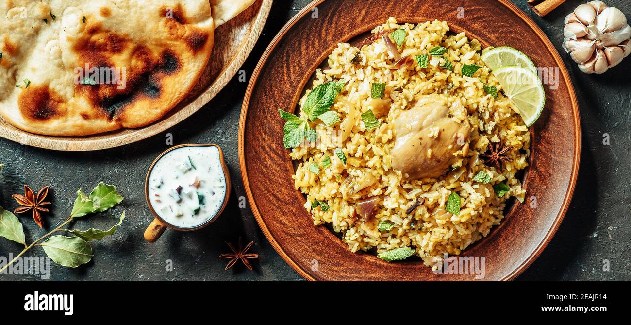 Pakistani chicken biryani rice, top view, copy space Stock Photo - Alamy