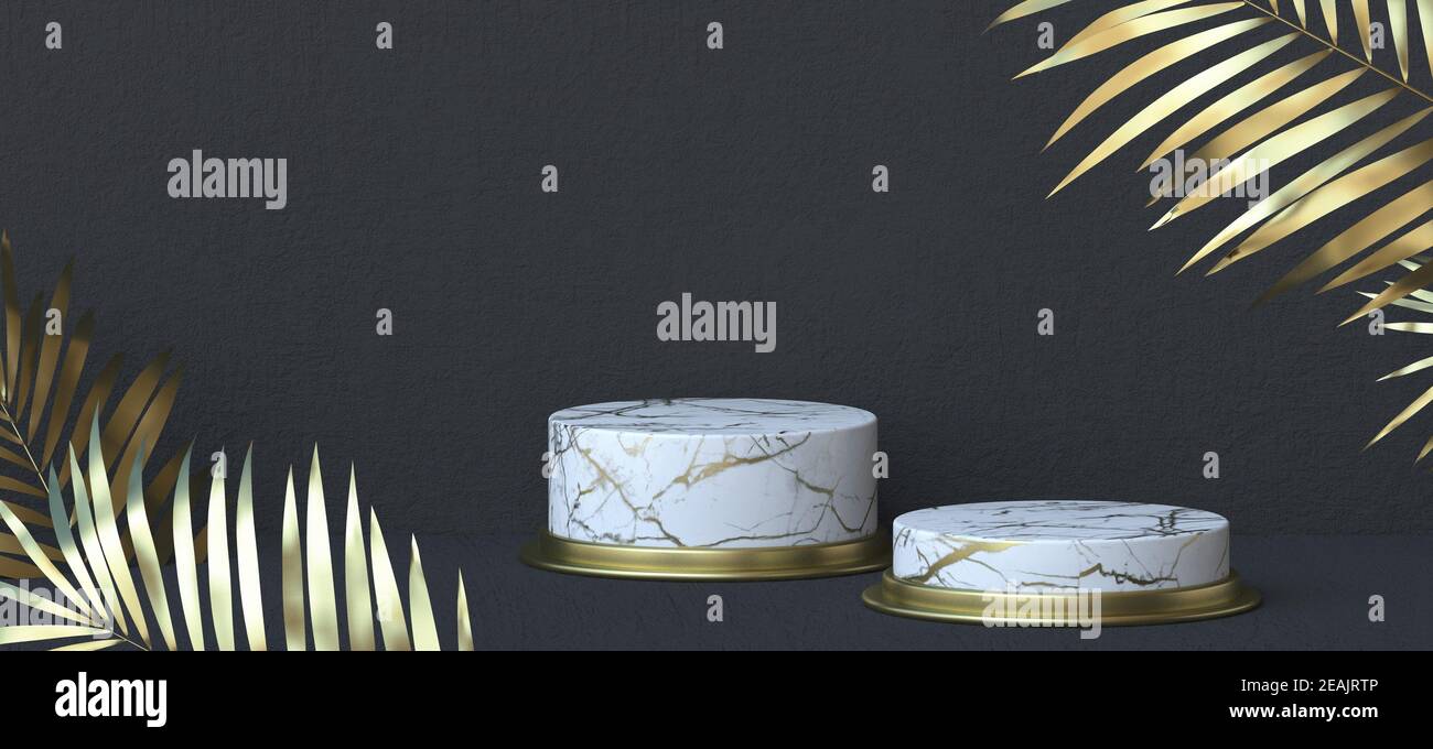 Abstract background with two white marble cylinders and golden tropical ...