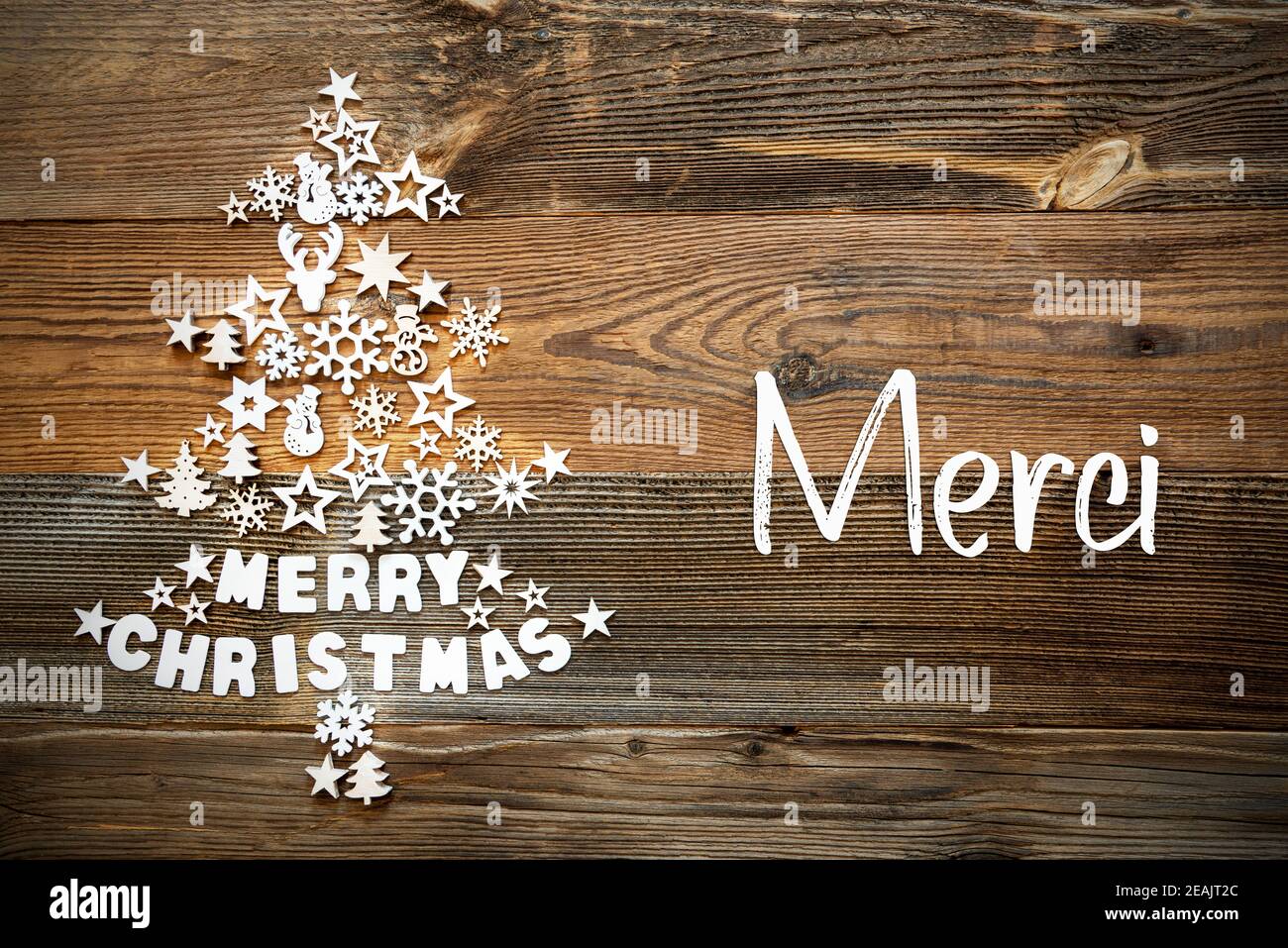 Christmas Tree, White Decoration, Ornament, Merci Means Thank You Stock ...