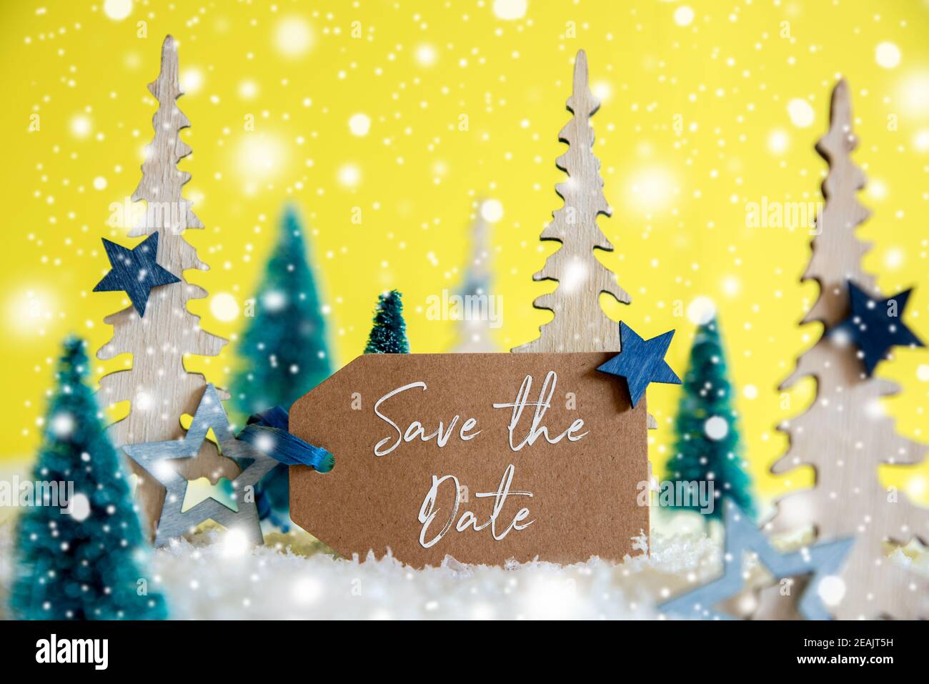 Christmas Trees, Snowflakes, Yellow Background, Label, Text Save The ...