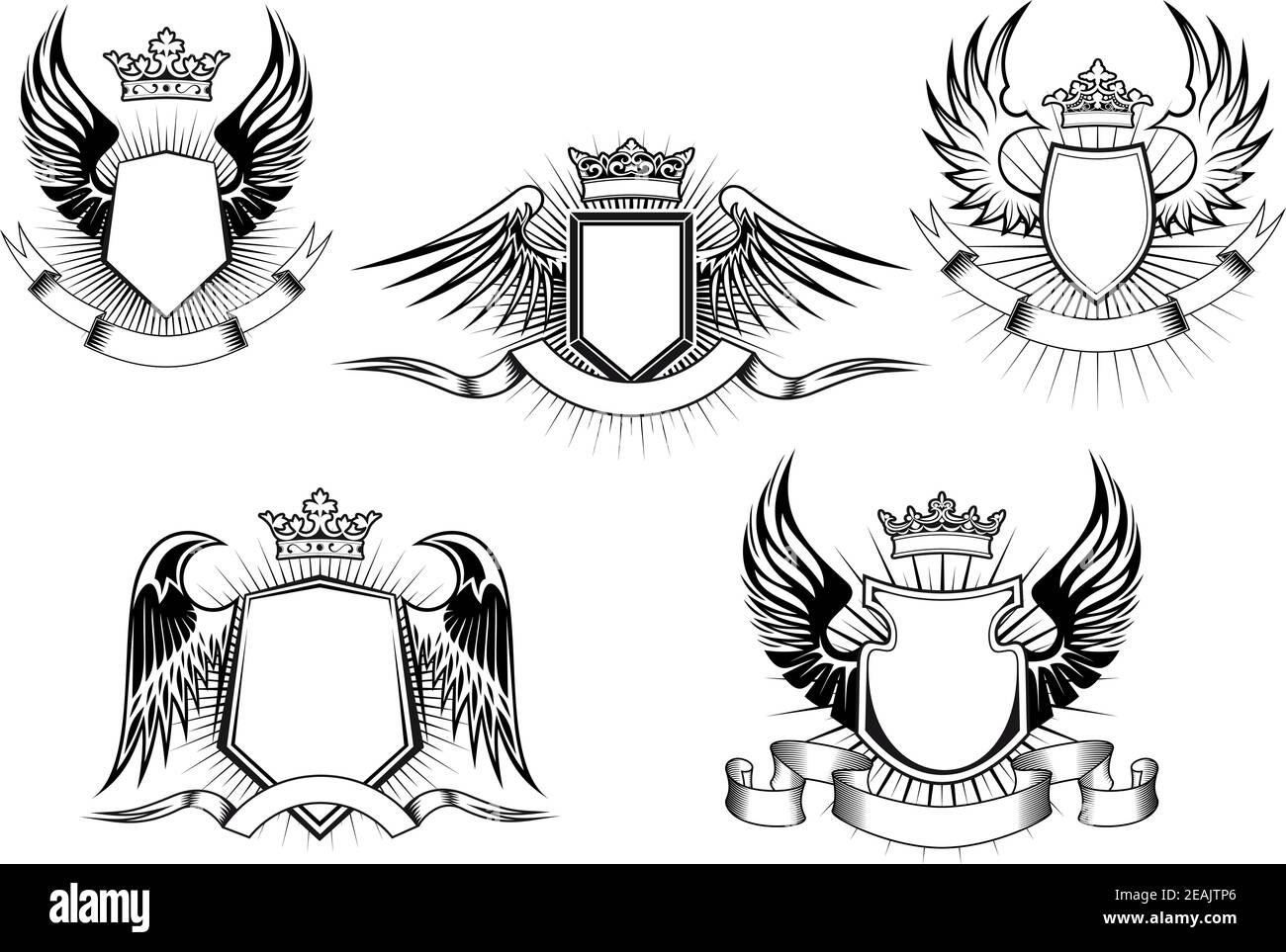 Collection of royal heraldic shields with ornate crowns, wings, ribbon ...