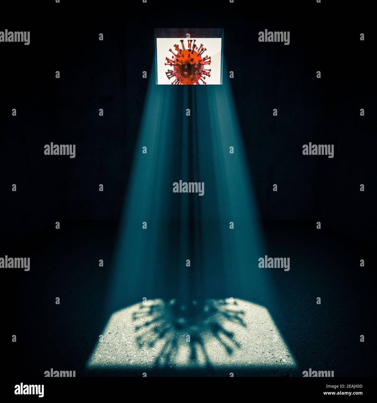 dark and desolate interior like a prison, covid-19 virus in the window ...