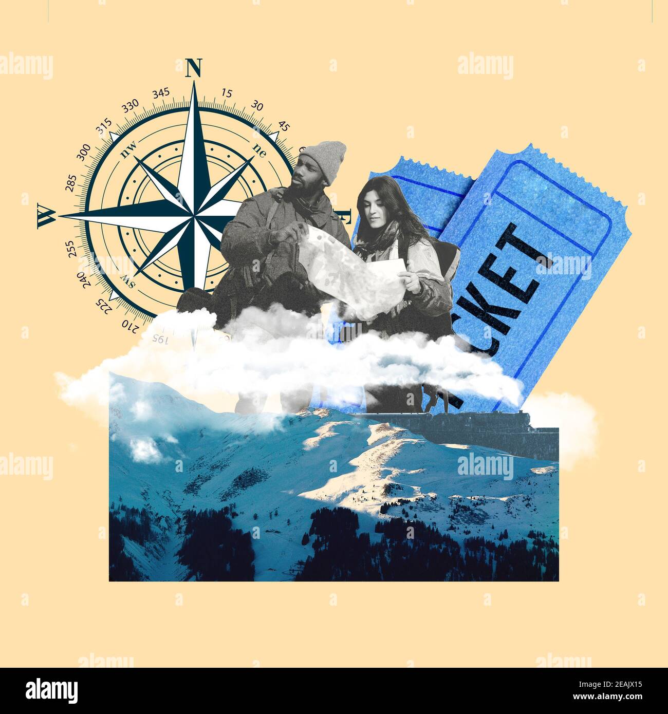 Vacation theme with sea waves, compass and travel tickets. Tourists ...