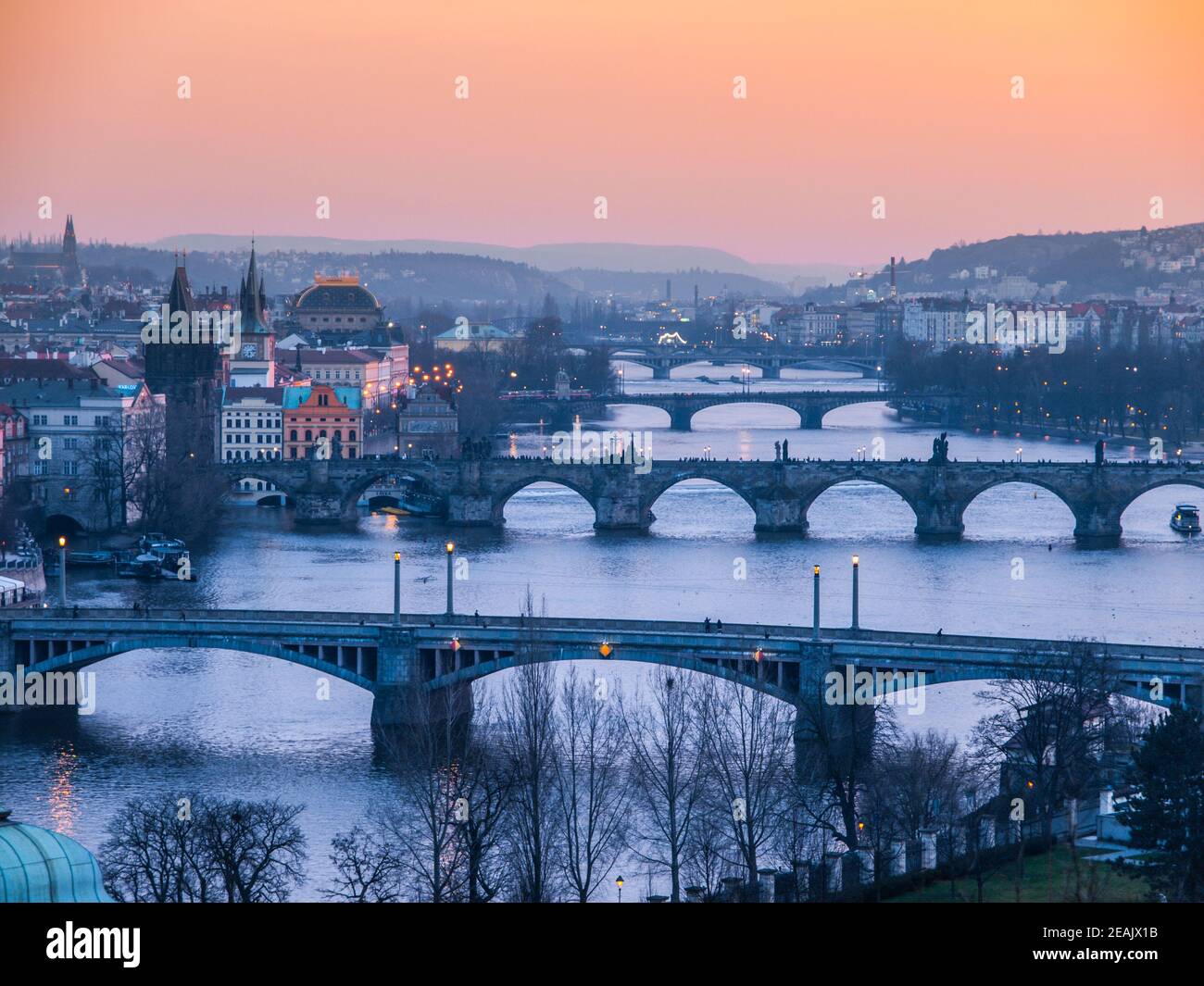 Prague bridges over Vltava river at sunset time. View from Letna park ...