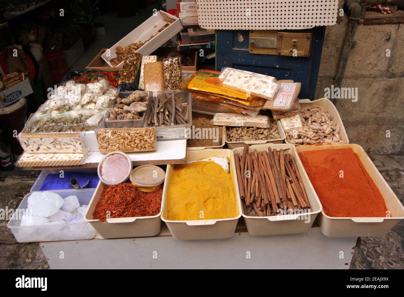 Spices at a market in the souq of the Muslim Quarter of Jerusalem, IL ...