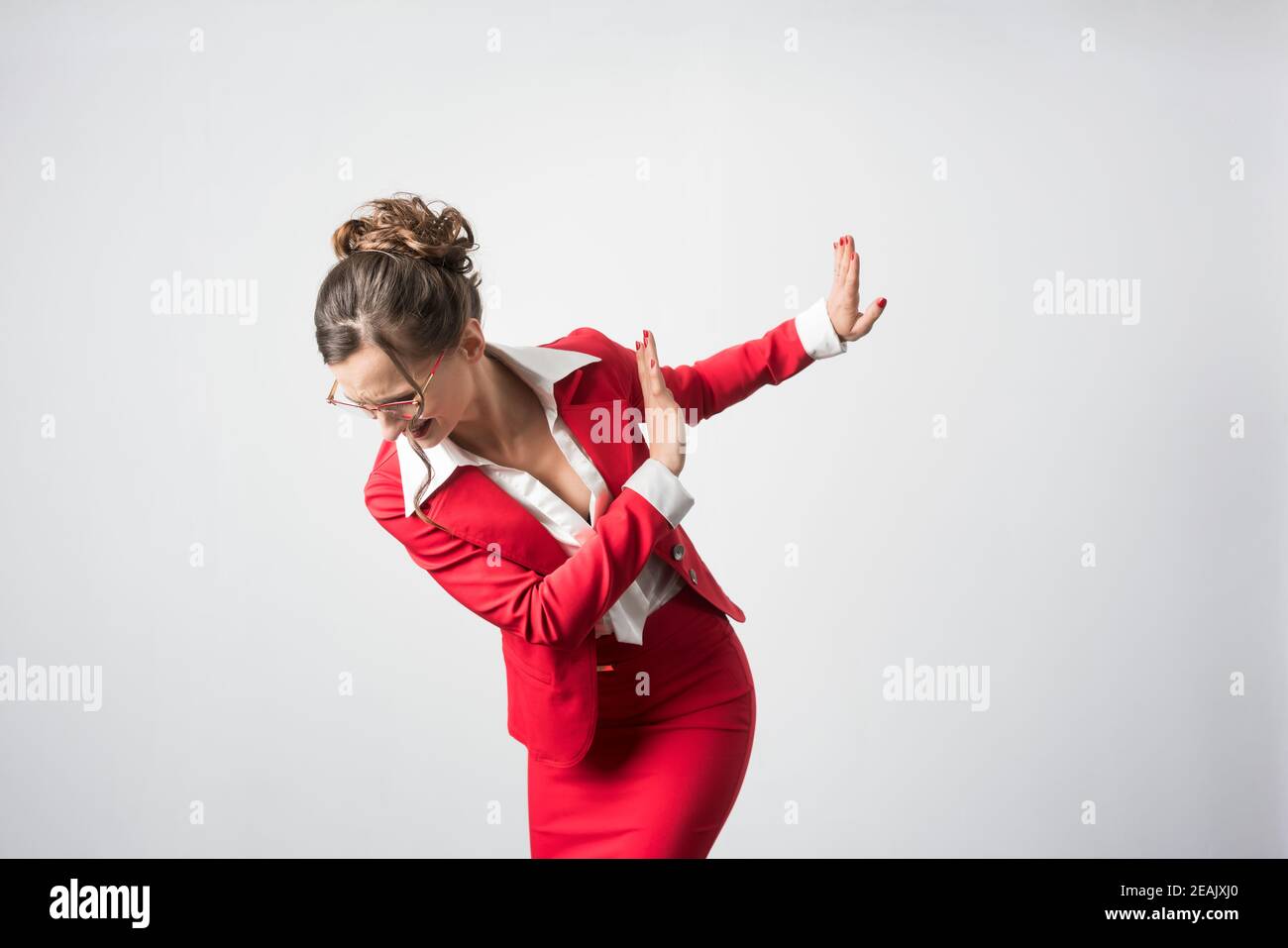 Businesswoman cannot take on more work Stock Photo - Alamy