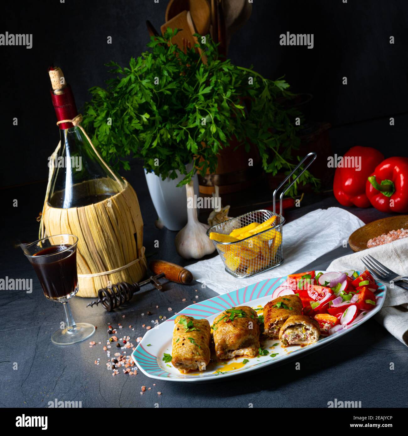 Vegetable roulade from roast pork loins with salads Stock Photo - Alamy