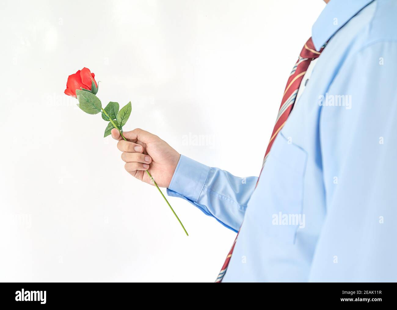 Man holding with red rose on white background Stock Photo - Alamy