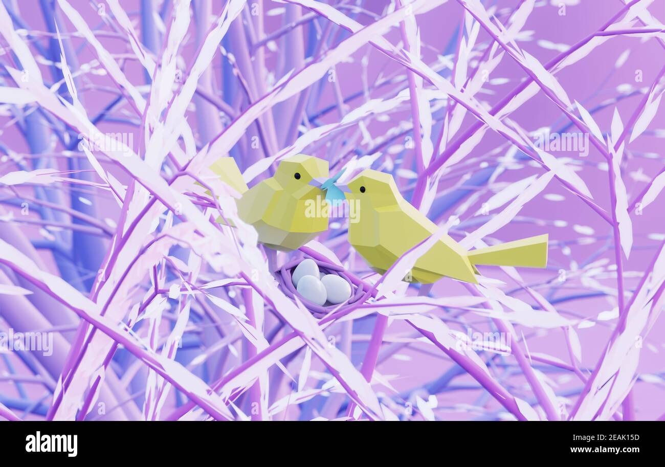 two beautiful lovers low poly birds sitting on a branch with nest in ...