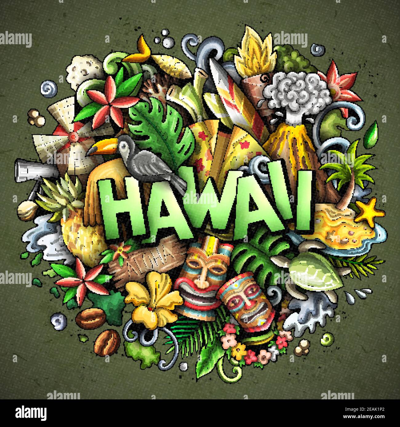 Hawaii hand drawn cartoon doodle illustration. Funny Hawaiian design ...