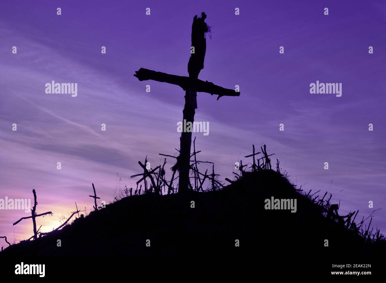 Purple landscape with wooden Cross or crucifix. Concept for Lent Season ...