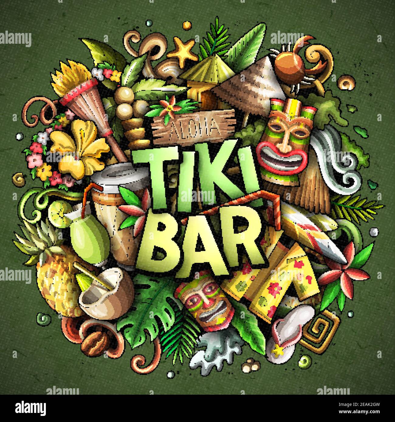 Tiki Bar hand drawn cartoon doodle illustration. Funny Hawaiian design ...