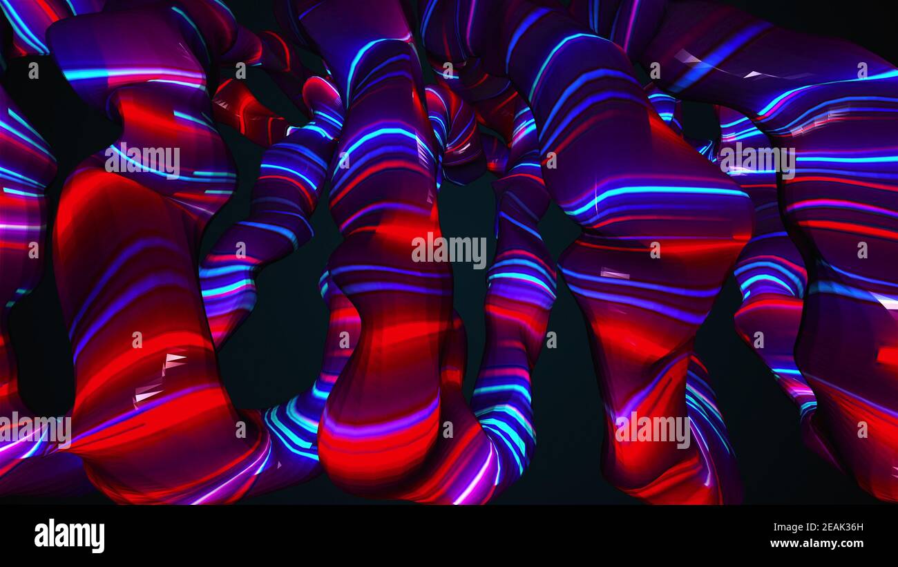 Volume amorphous shapes with neon strips, computer generated. 3d render ...
