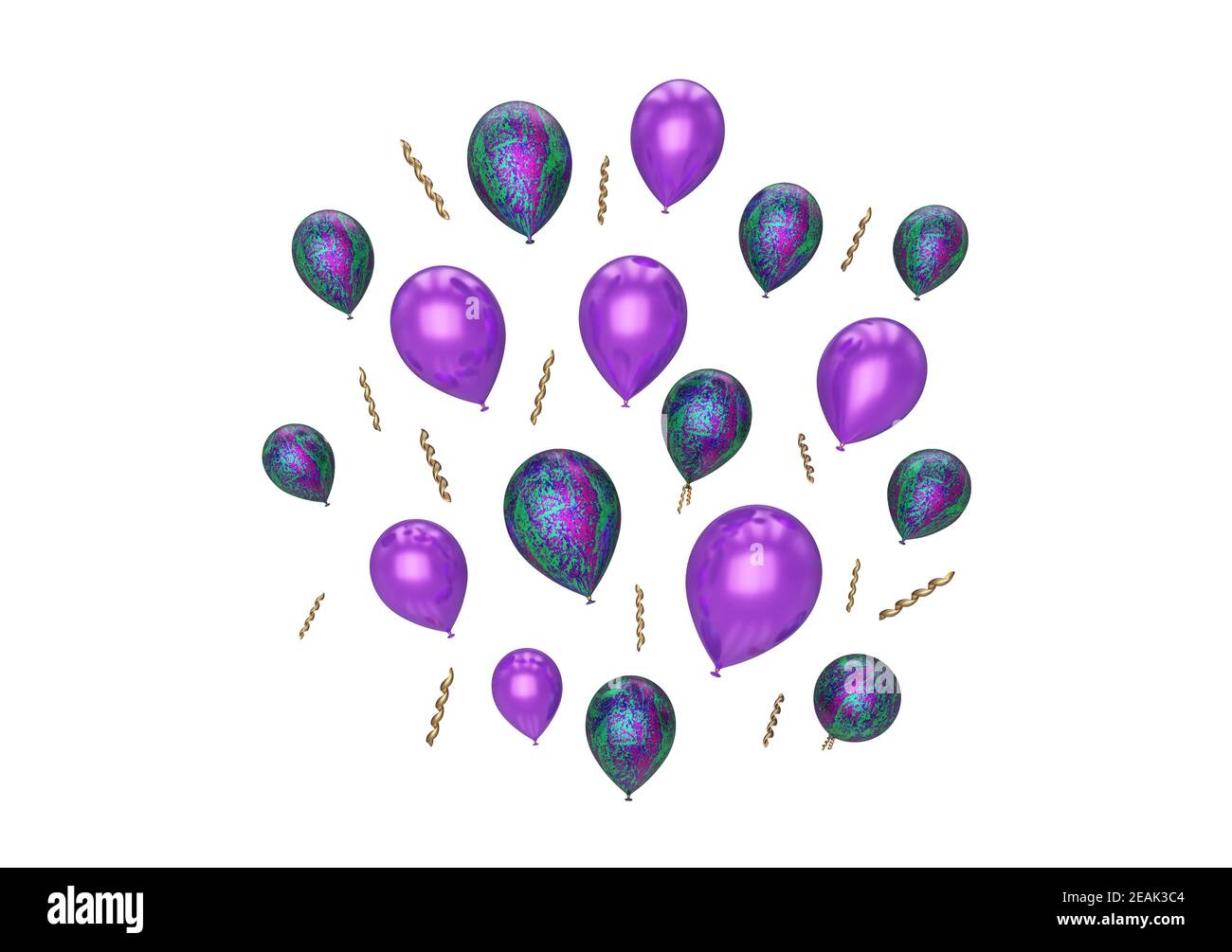 a lot of beautiful light violet balloons flying isolated on white, 3d ...