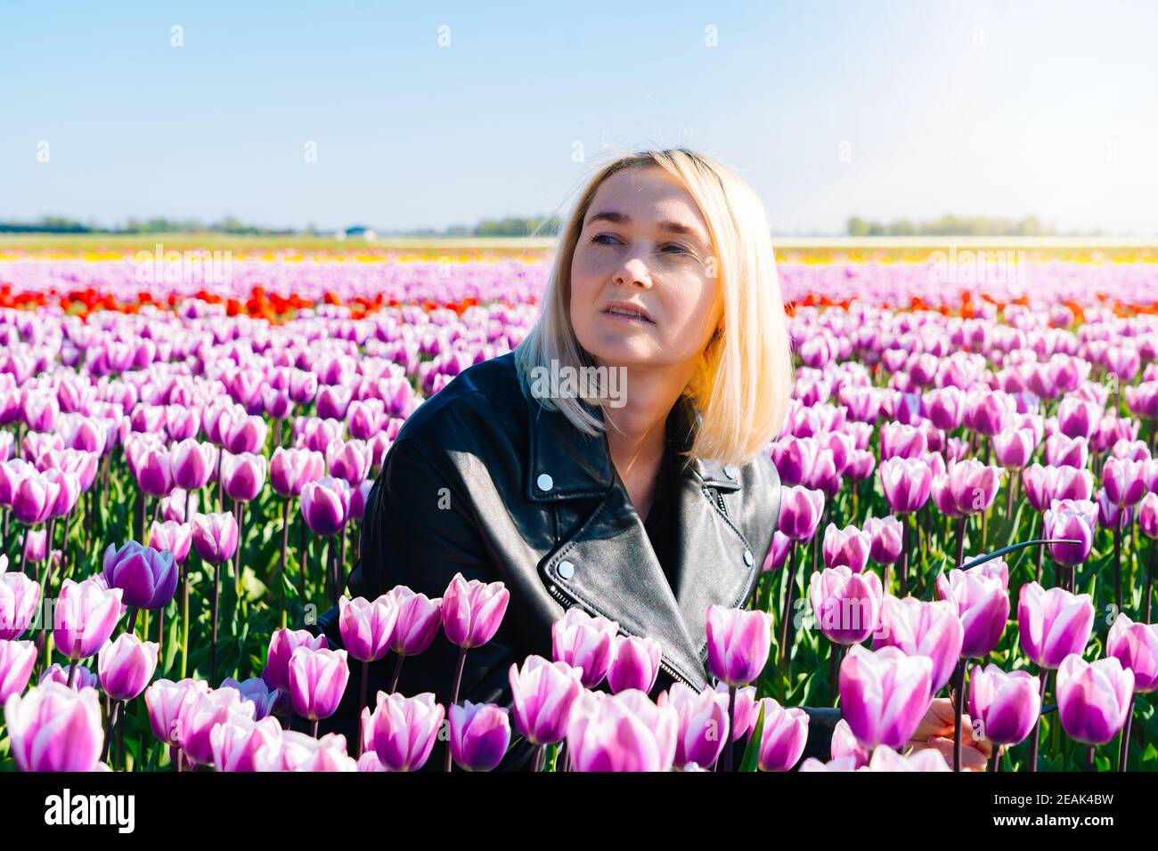 Beautiful Woman with blond hair standing in colorful tulip flower ...