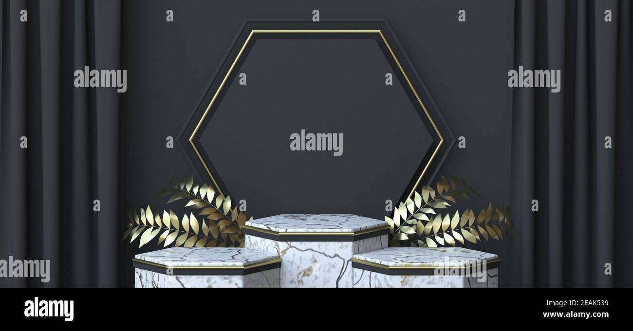 Abstract background marble hexagon stages with tropical leaf and black ...